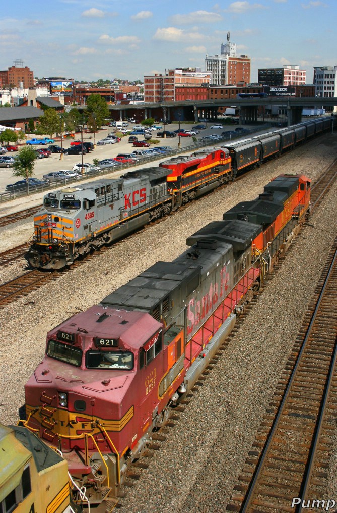 Westbound KCS Empty Grain Train Meeting an Eastbound BNSF Intermodal Train